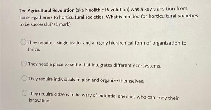 Solved The Agricultural Revolution (aka Neolithic | Chegg.com