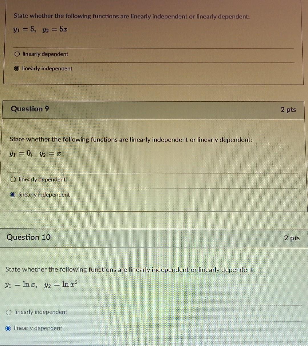 Solved State whether the following functions are linearly | Chegg.com