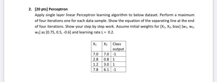Solved 2. (20 pts) Perceptron Apply single layer linear | Chegg.com