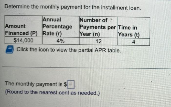Solved Determine the monthly payment for the installment | Chegg.com