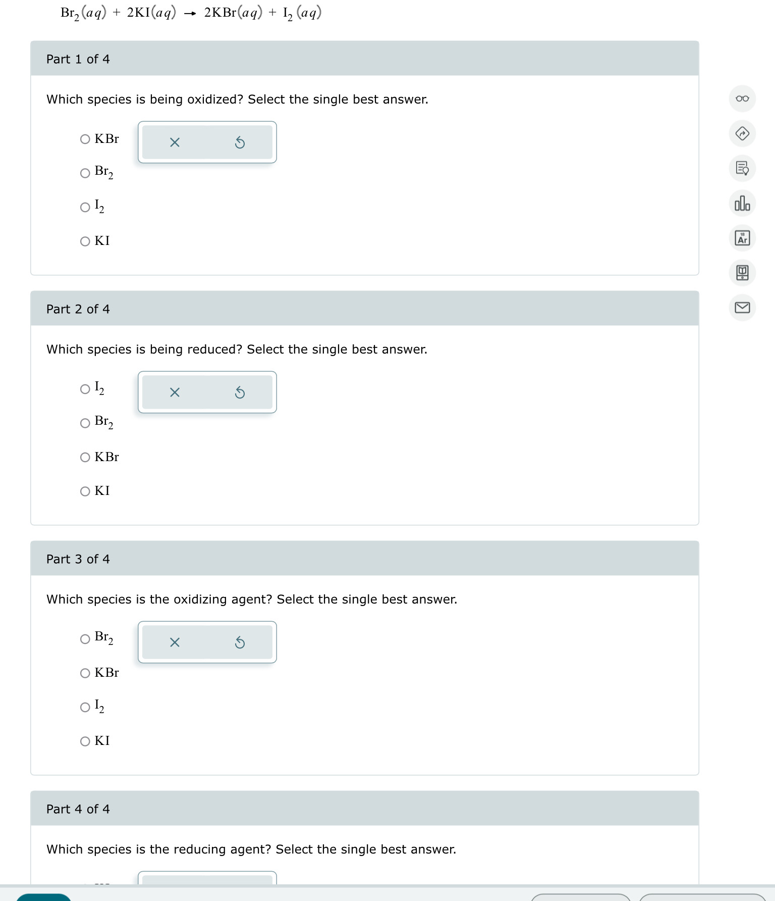 Solved Br2(aq)+2KI(aq)→2KBr(aq)+I2(aq)Part 1 ﻿of 4Which | Chegg.com