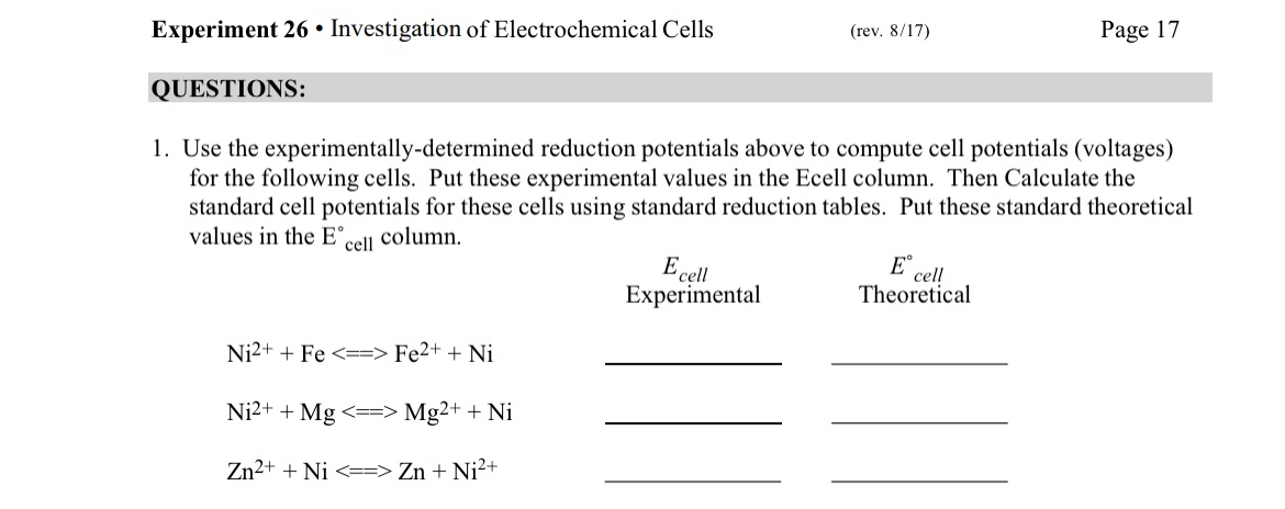 Solved Experiment 26 - ﻿Investigation of Electrochemical | Chegg.com