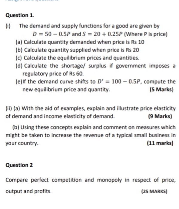 Solved Question 1. (i) The demand and supply functions for a | Chegg.com