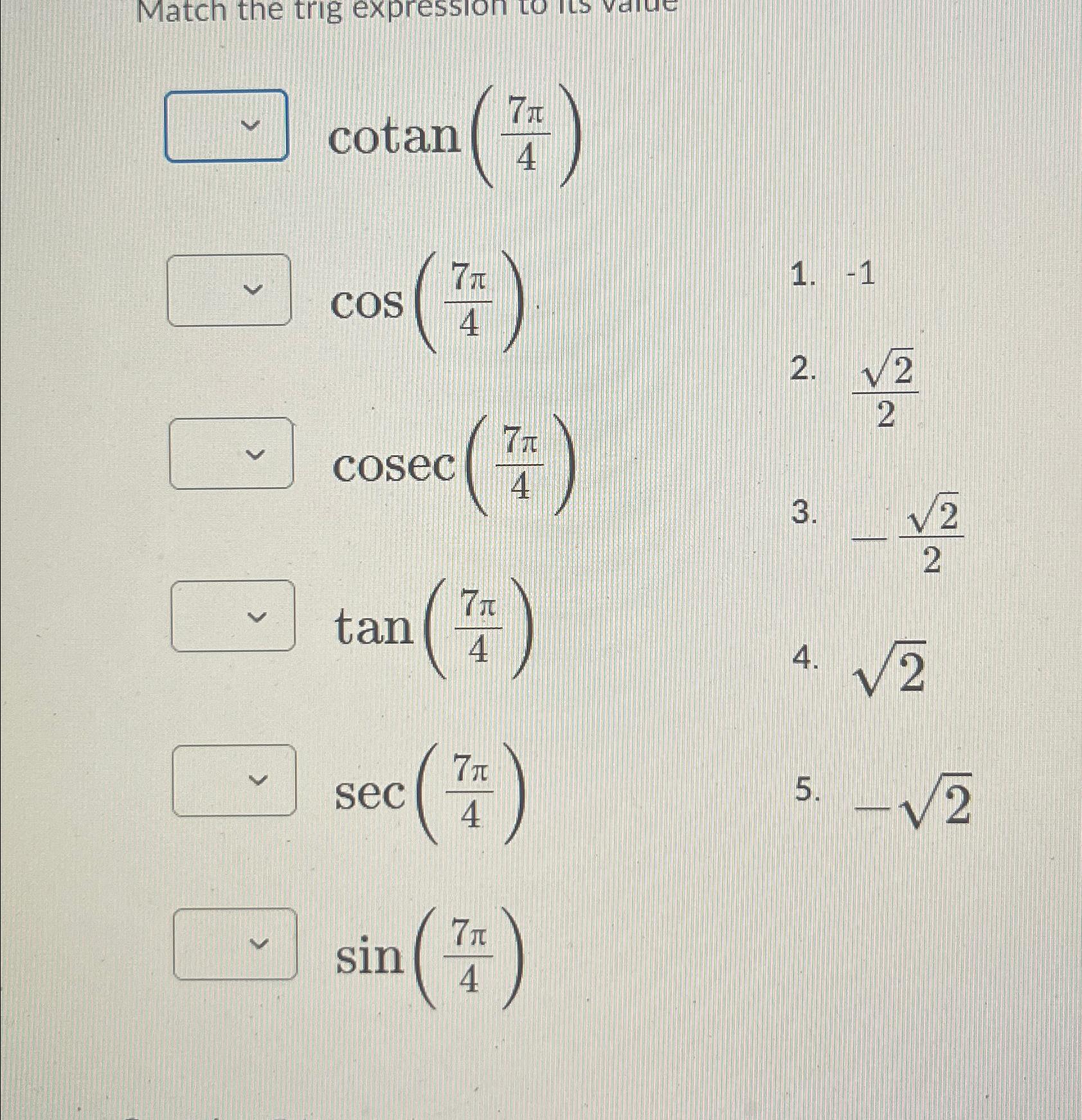 Solved cotan(7π4)cos(7π4)-1cosec(7π4)222tan(7π4)-22222sec(7π | Chegg.com