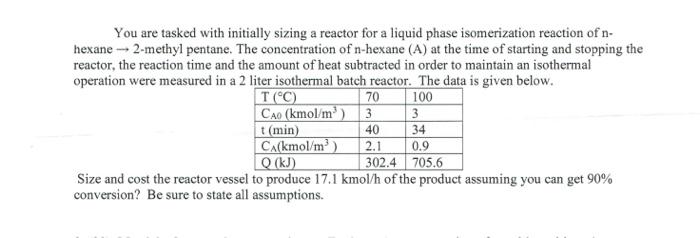 Solved You are tasked with initially sizing a reactor for a | Chegg.com