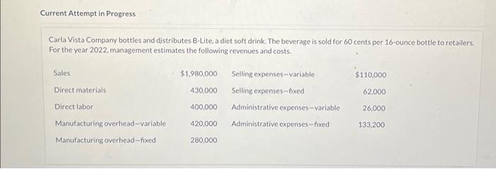 Solved Current Attempt in Progress Carla Vista Company | Chegg.com