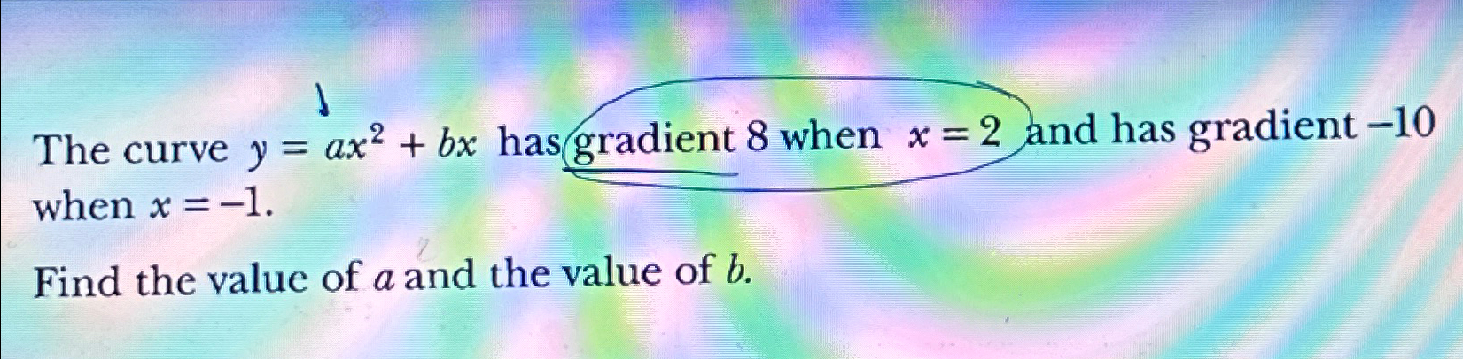Solved The curve y=ax2+bx ﻿has gradient 8 ﻿when x=2 ﻿and has | Chegg.com