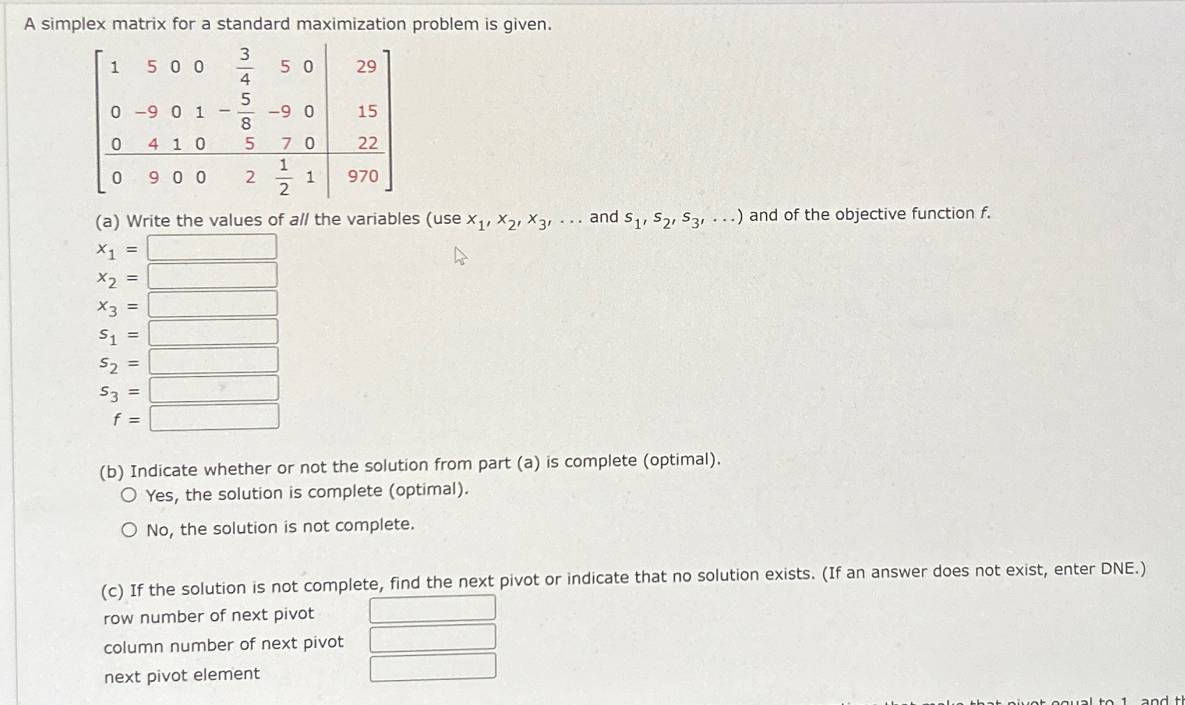 Solved A simplex matrix for a standard maximization problem | Chegg.com