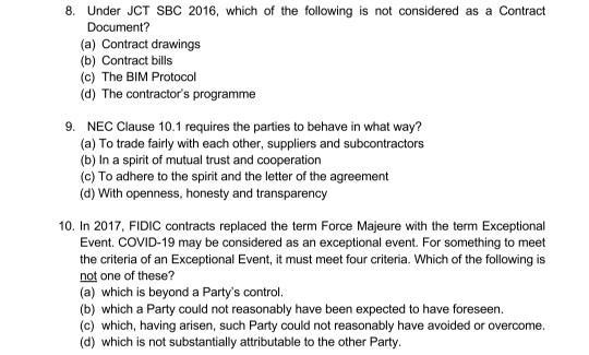 Solved 8. Under JCT SBC 2016, which of the following is not | Chegg.com