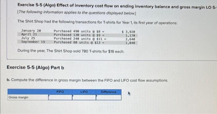 Solved Exercise 5-5 (Algo) Effect of inventory cost flow on | Chegg.com