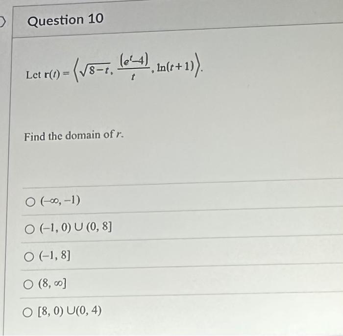 Solved Let r(t)= 8−t0,t(et−4),ln(t+1) Find the domain of r. | Chegg.com