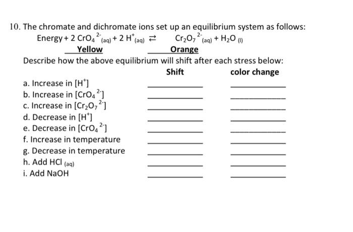 Solved 10. The chromate and dichromate ions set up an | Chegg.com