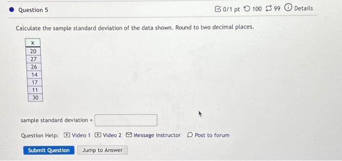 Solved Calculate the sample standard deviation of the data | Chegg.com