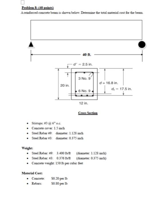 Solved Problem 8: (40 points) A reinforced concrete beam is | Chegg.com
