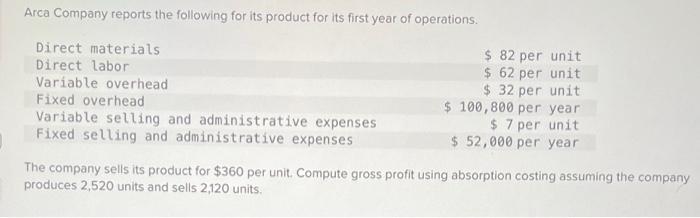 Solved Arca Company reports the following for its product | Chegg.com