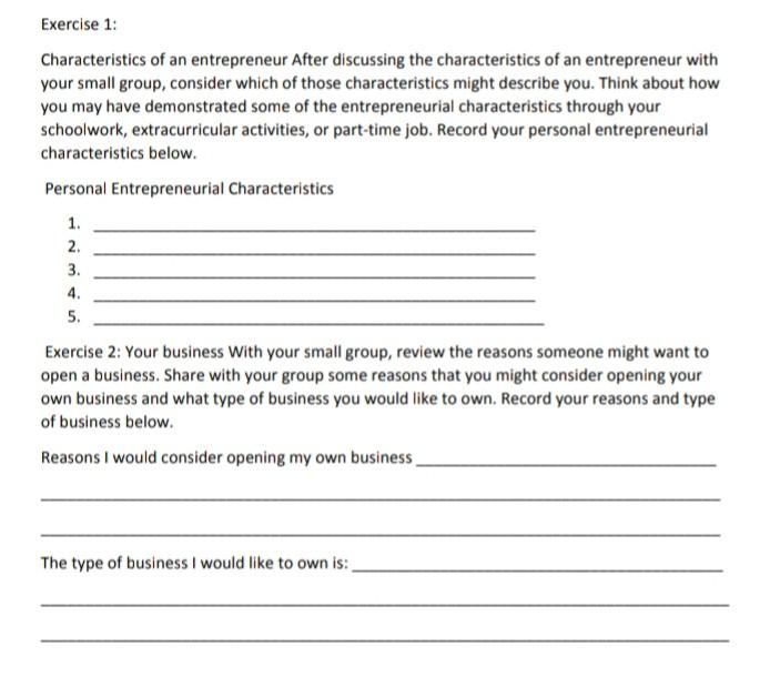 Solved Exercise 1: Characteristics of an entrepreneur After | Chegg.com