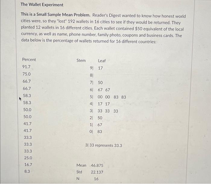 Solved a The Wallet Experiment This is a Small Sample Mean | Chegg.com