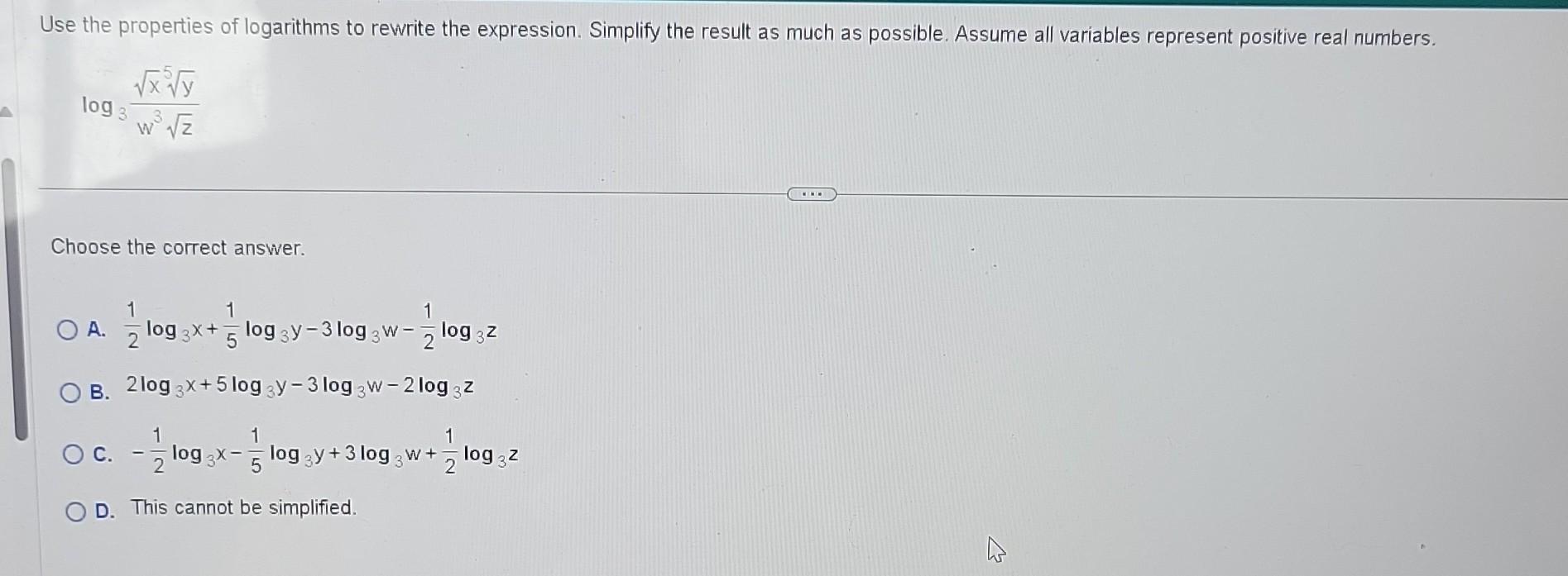 Solved Use the properties of logarithms to rewrite the | Chegg.com