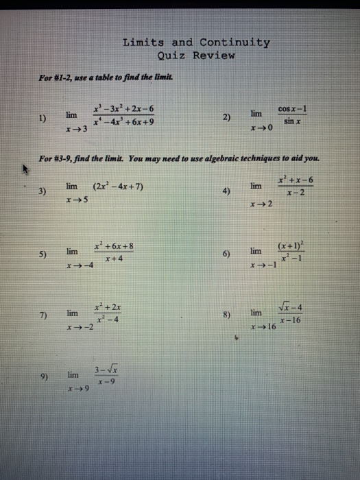 Solved Limits And Continuity Quiz Review For 1 2 Use A Chegg