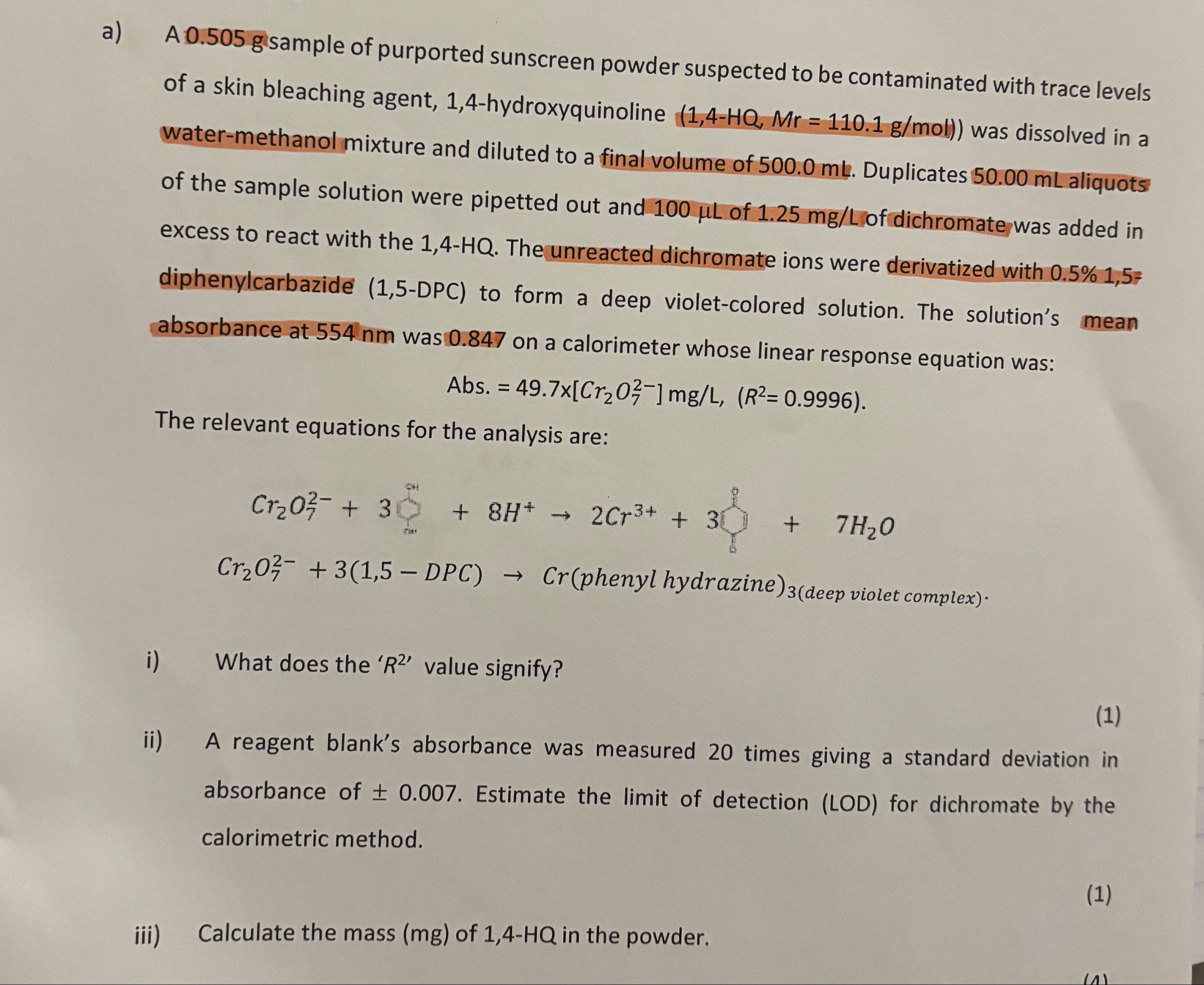 Solved a) ﻿A 0.505 ﻿g sample of purported sunscreen powder | Chegg.com