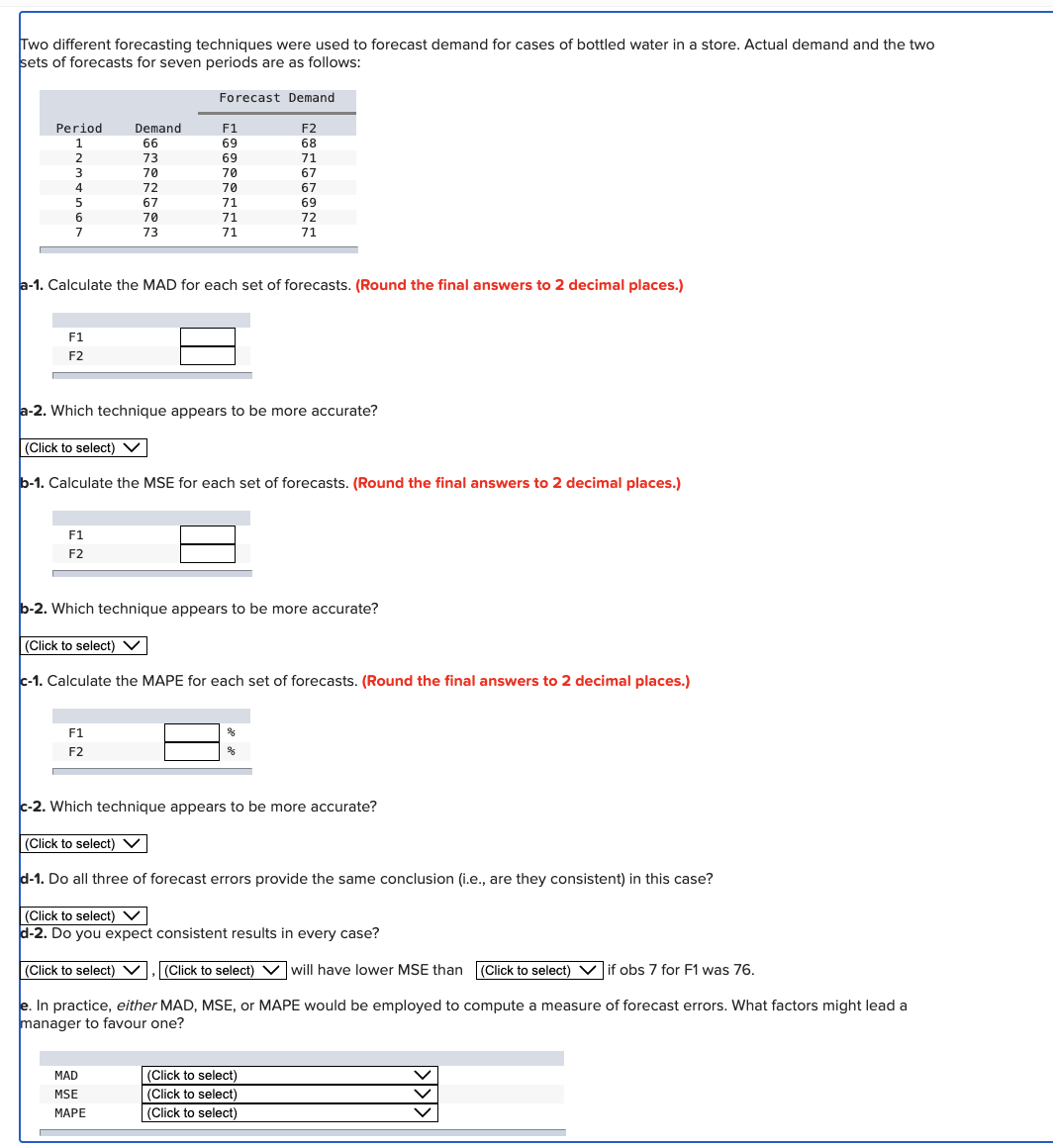 Solved Two different forecasting techniques were used to | Chegg.com