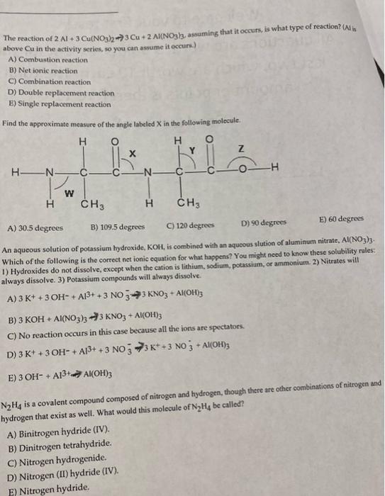 Solved The reaction of 2 Al +3 Cu(NO3)2-3 Cu +2 Al(NO3)3, | Chegg.com
