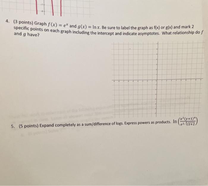 Solved 4. (3 points) Graph f(x) = e* and g(x) = Inx. Be sure | Chegg.com