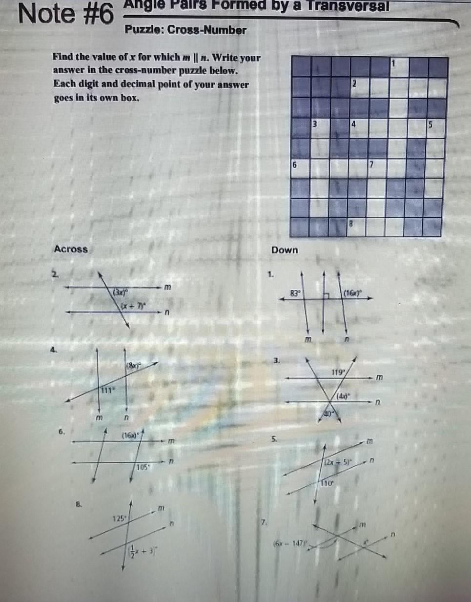 Solved Note #6 Angle Pairs Formed by a Transversal Puzzle: | Chegg.com