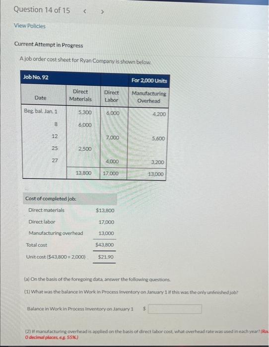 Solved A job order cost sheet for Ryan company is shown | Chegg.com