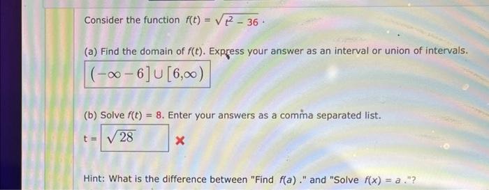 Solved Consider the function f(t)=t2−36. (a) Find the domain | Chegg.com