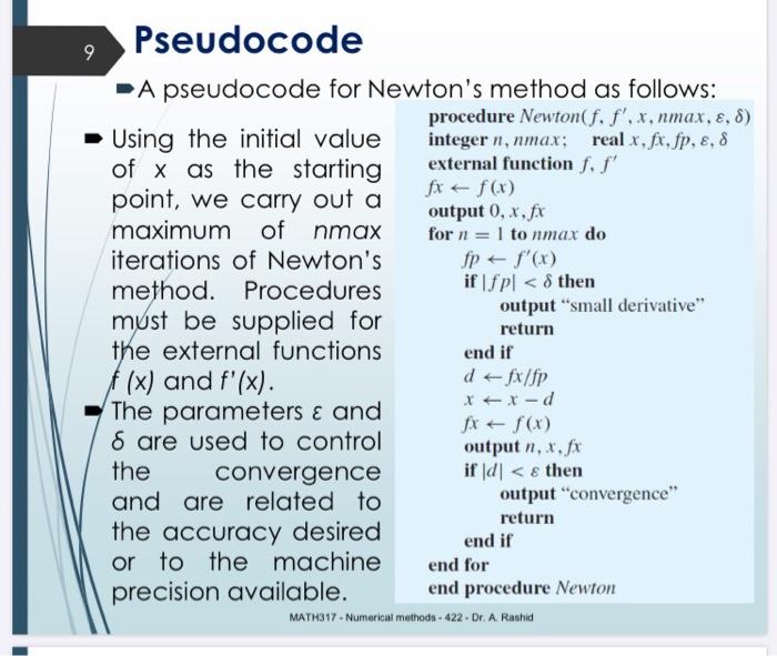 Solved Pseudocode 9 A Pseudocode For Newtons Method As