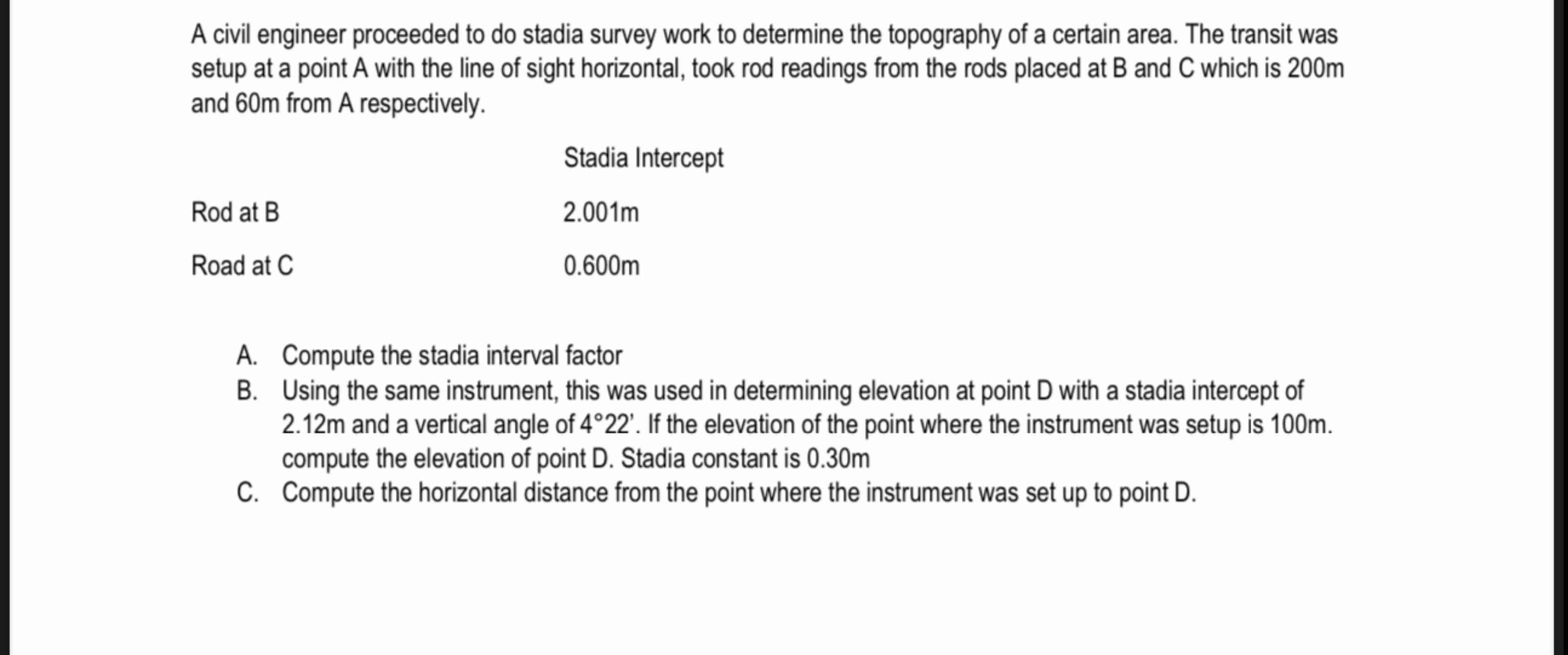 Solved A civil engineer proceeded to do stadia survey work | Chegg.com