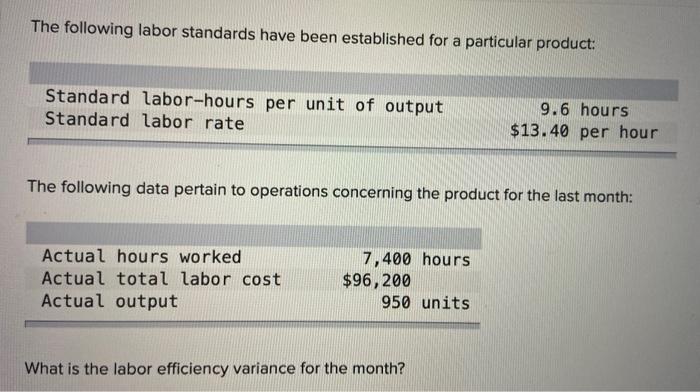 Solved The following labor standards have been established | Chegg.com