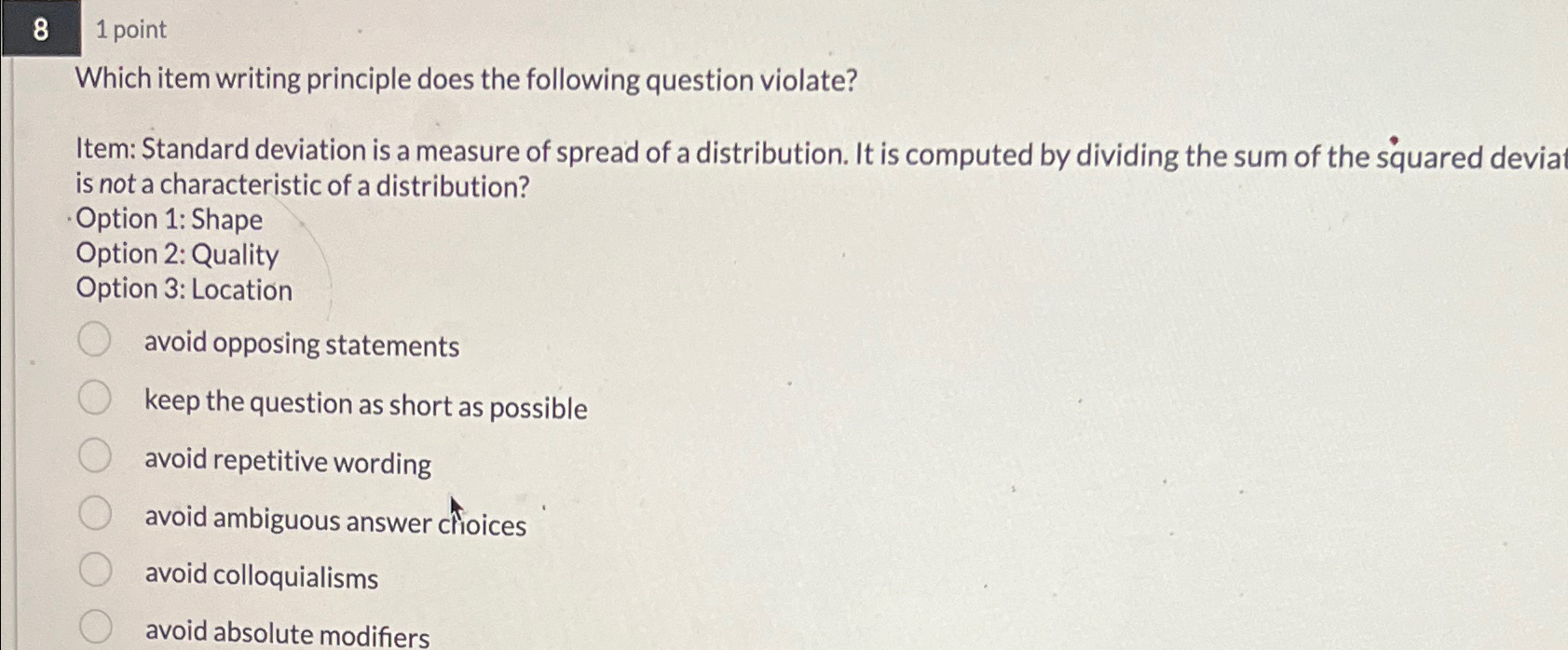 Solved 81 ﻿pointWhich item writing principle does the | Chegg.com