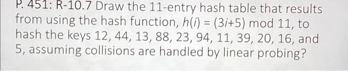 Solved P. 451: R-10.7 Draw the 11-entry hash table that | Chegg.com