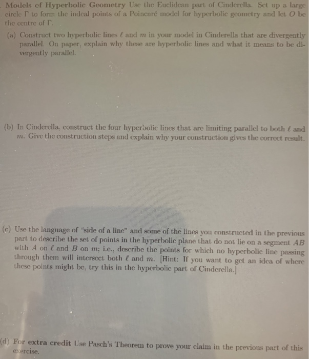 Models of Hyperbolic Geometry Use the Euclidean part | Chegg.com