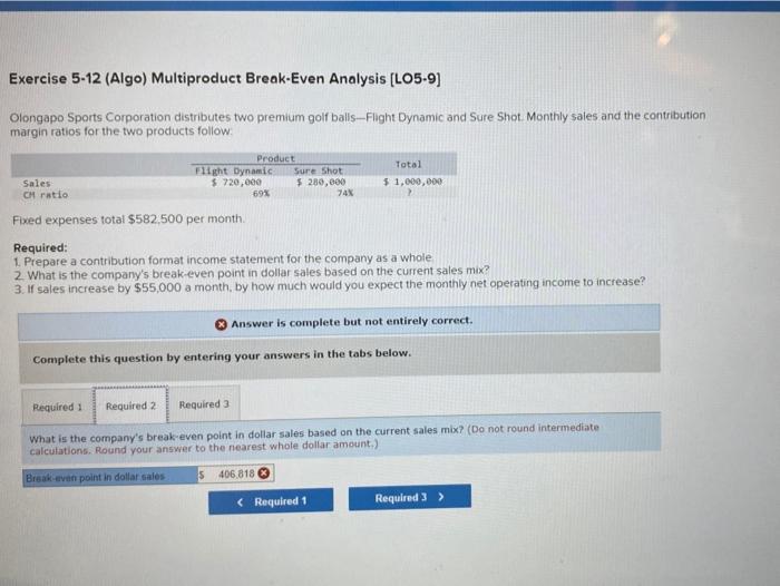 Solved Exercise 5-12 (Algo) Multiproduct Break-Even Analysis | Chegg.com