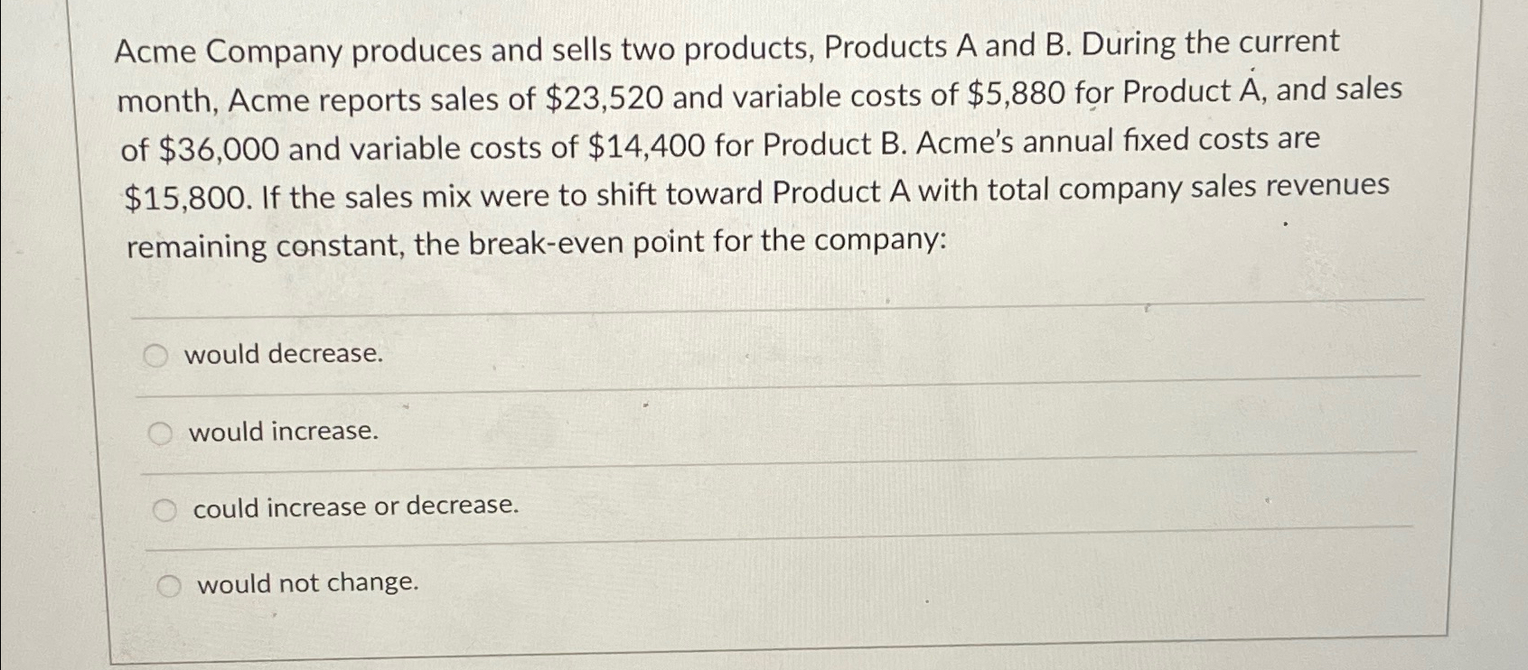 Solved Acme Company produces and sells two products, | Chegg.com