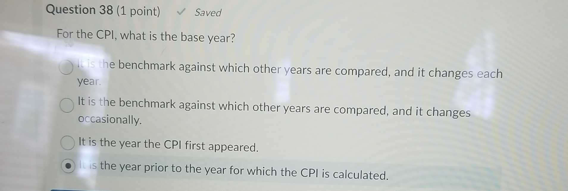 Solved Question 38 (1 ﻿point)SavedFor the CPI, what is the | Chegg.com