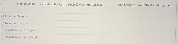 Solved bond hoids the nucleotide subunits in a single DNA | Chegg.com