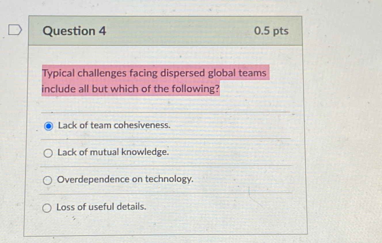Solved Question 40.5ptsTypical challenges facing dispersed | Chegg.com