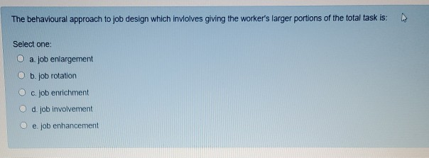 Solved The behavioural approach to job design which involves | Chegg.com
