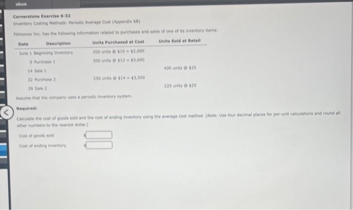 Solved Cornerathne Exercise 6-32 Inventery Couting Methods: | Chegg.com