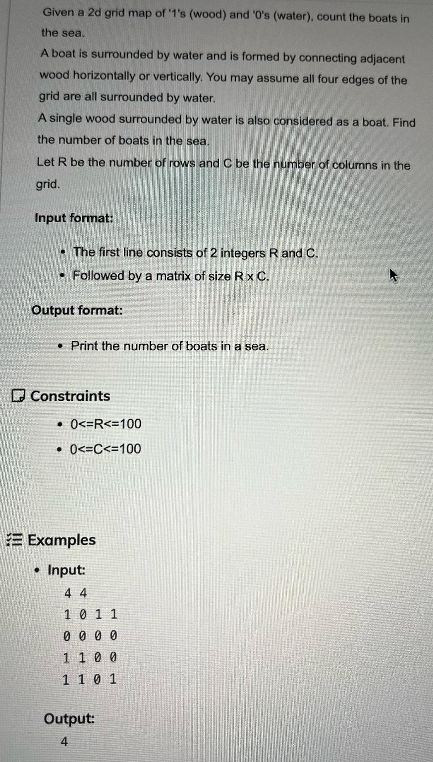Solved Given a 2d grid map of '1's (wood) ﻿and '0's (water), | Chegg.com