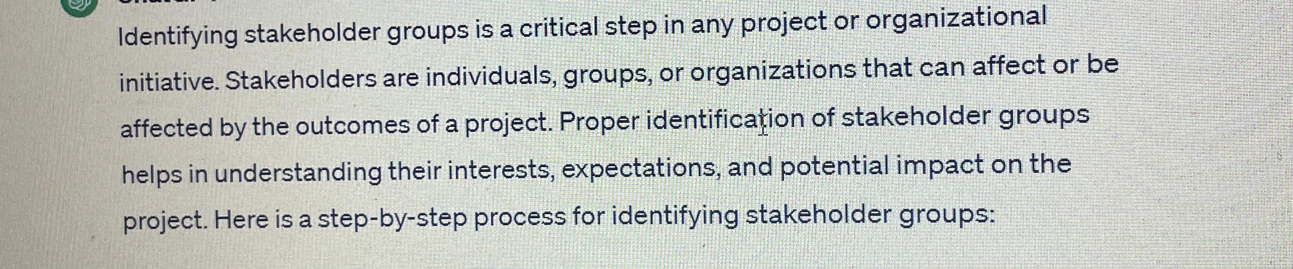 Solved Identifying stakeholder groups is a critical step in | Chegg.com