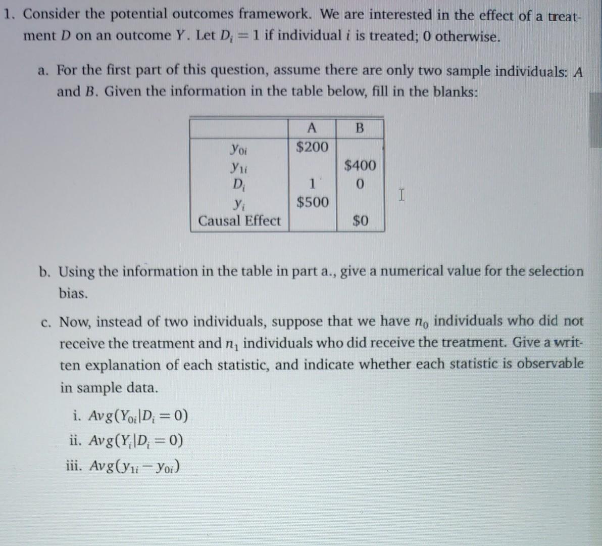 Solved 1. Consider the potential outcomes framework. We are | Chegg.com