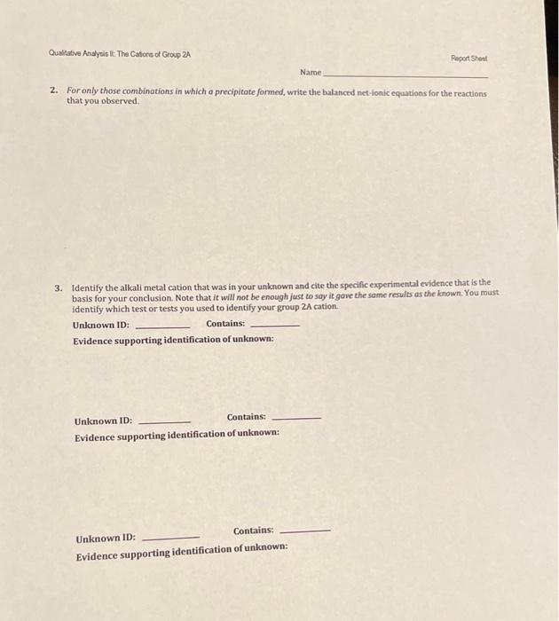 Solved The Cations of Group 2 A Name Report Sheet Data Table | Chegg.com