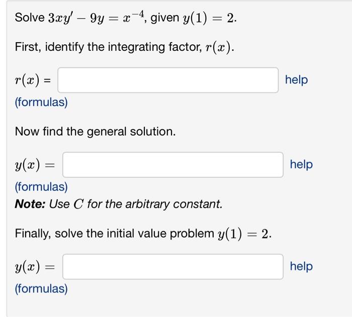 Solved Solve 3xy′−9y=x−4, given y(1)=2 First, identify the | Chegg.com