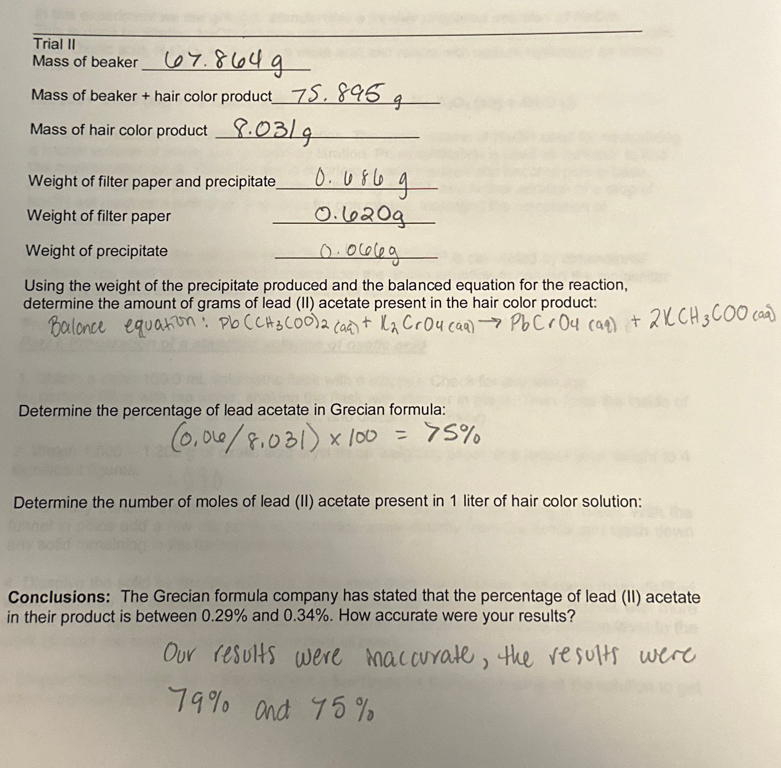 Solved Trial IIMass of beaker 67.864gMass of beaker + ﻿hair | Chegg.com