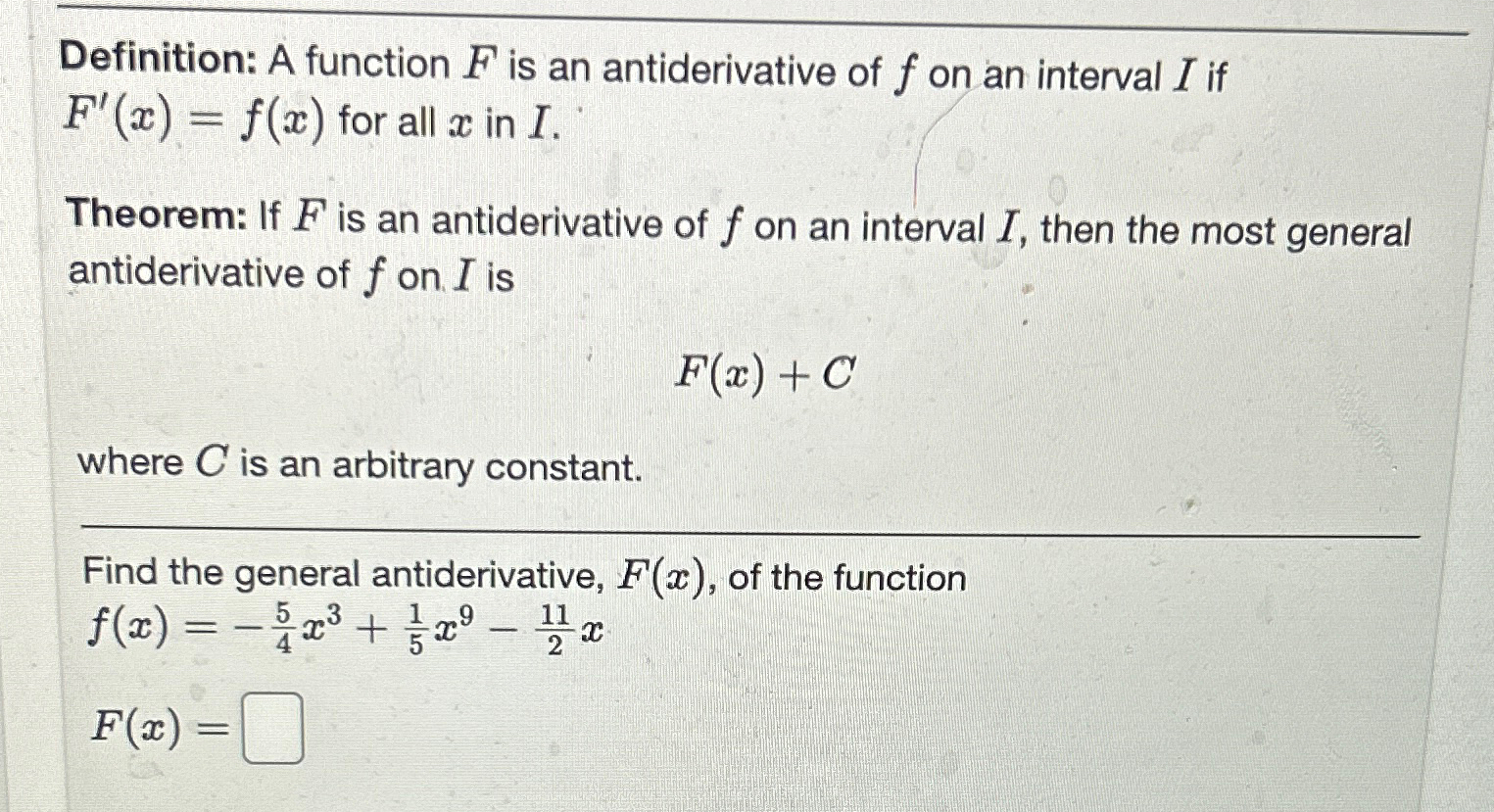 Solved Definition: A function F ﻿is an antiderivative of f | Chegg.com